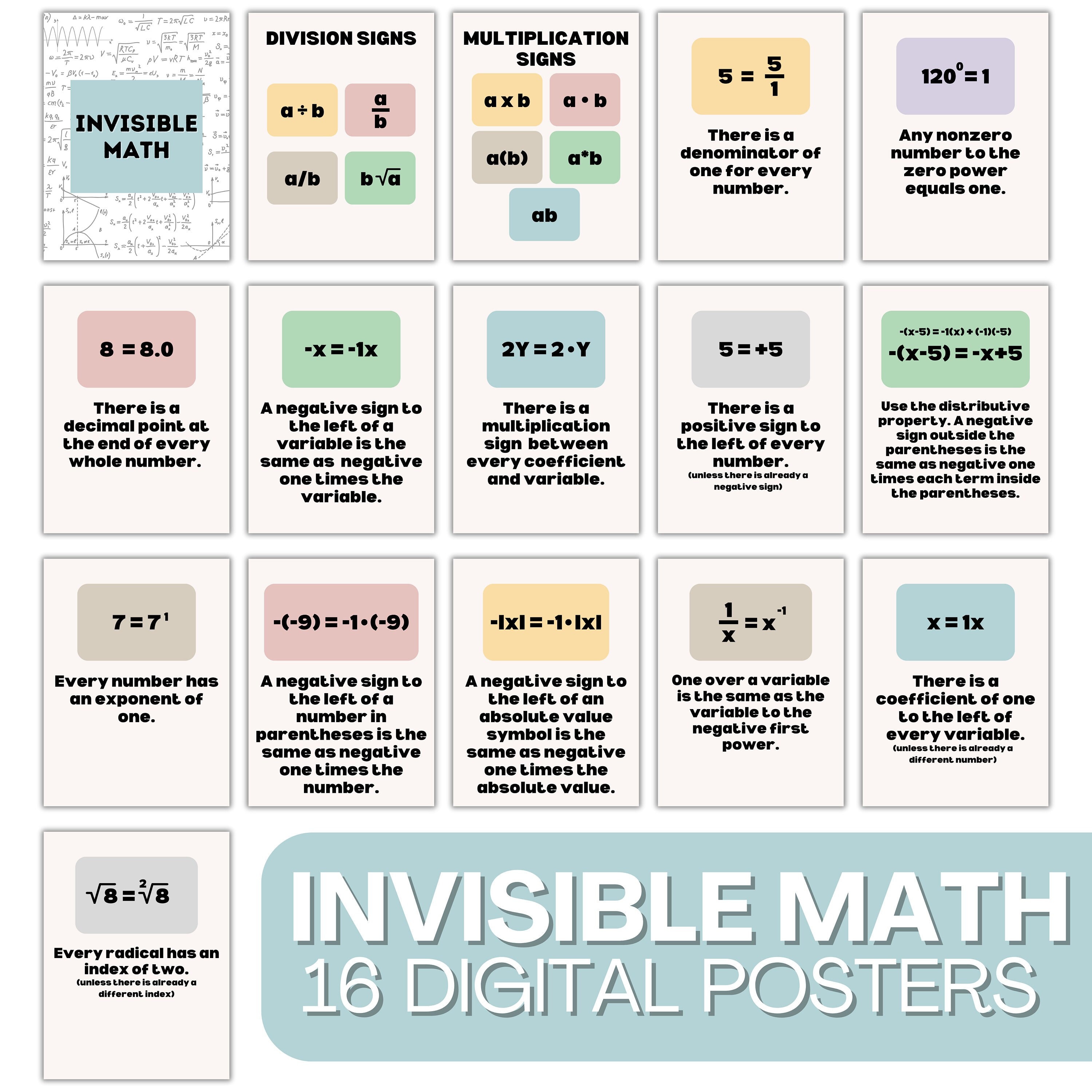 Set of 16 Educational Invisible Math Posters Algebra Poster - Etsy