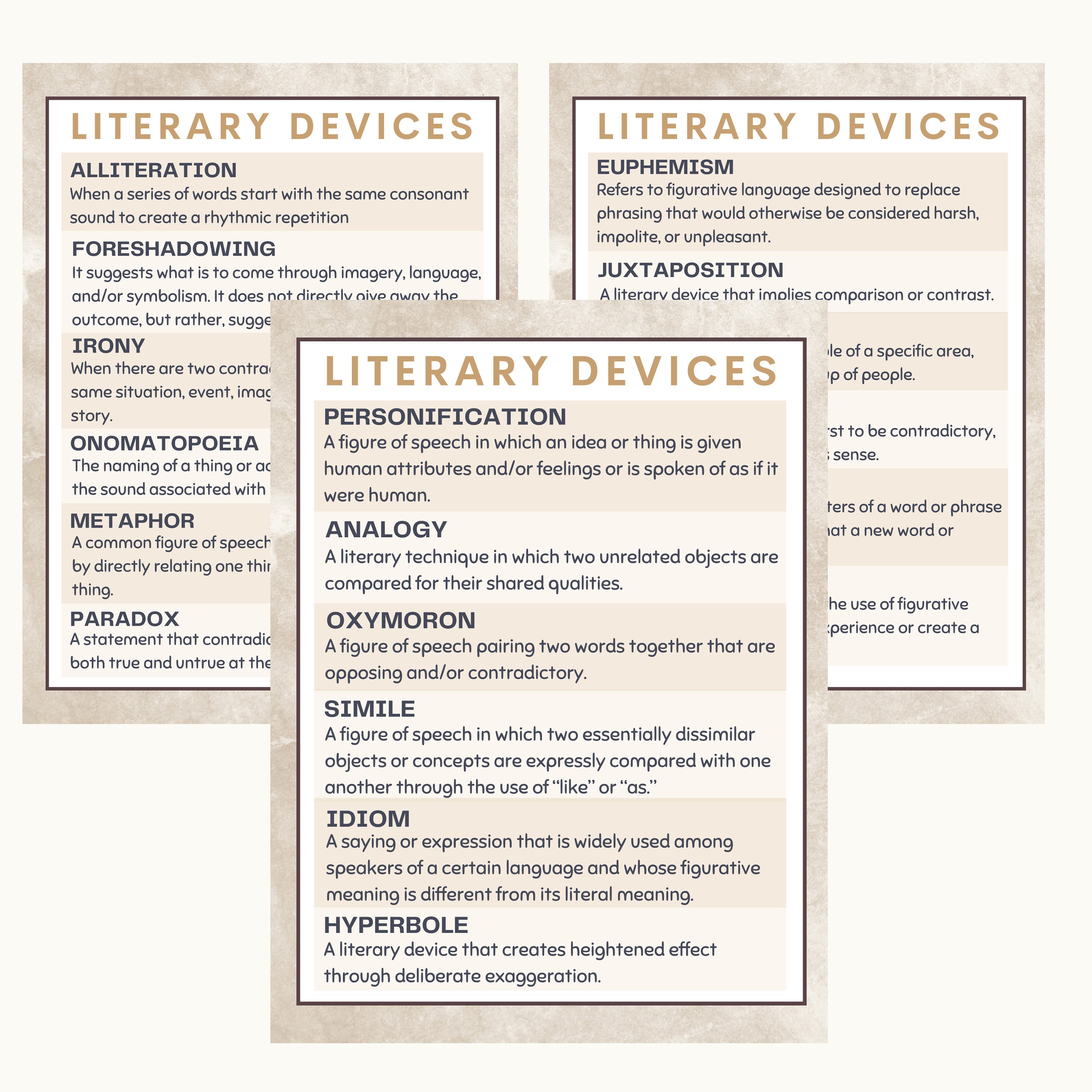 Set of 3 Educational Literary Device Posters, Language Arts, English ...