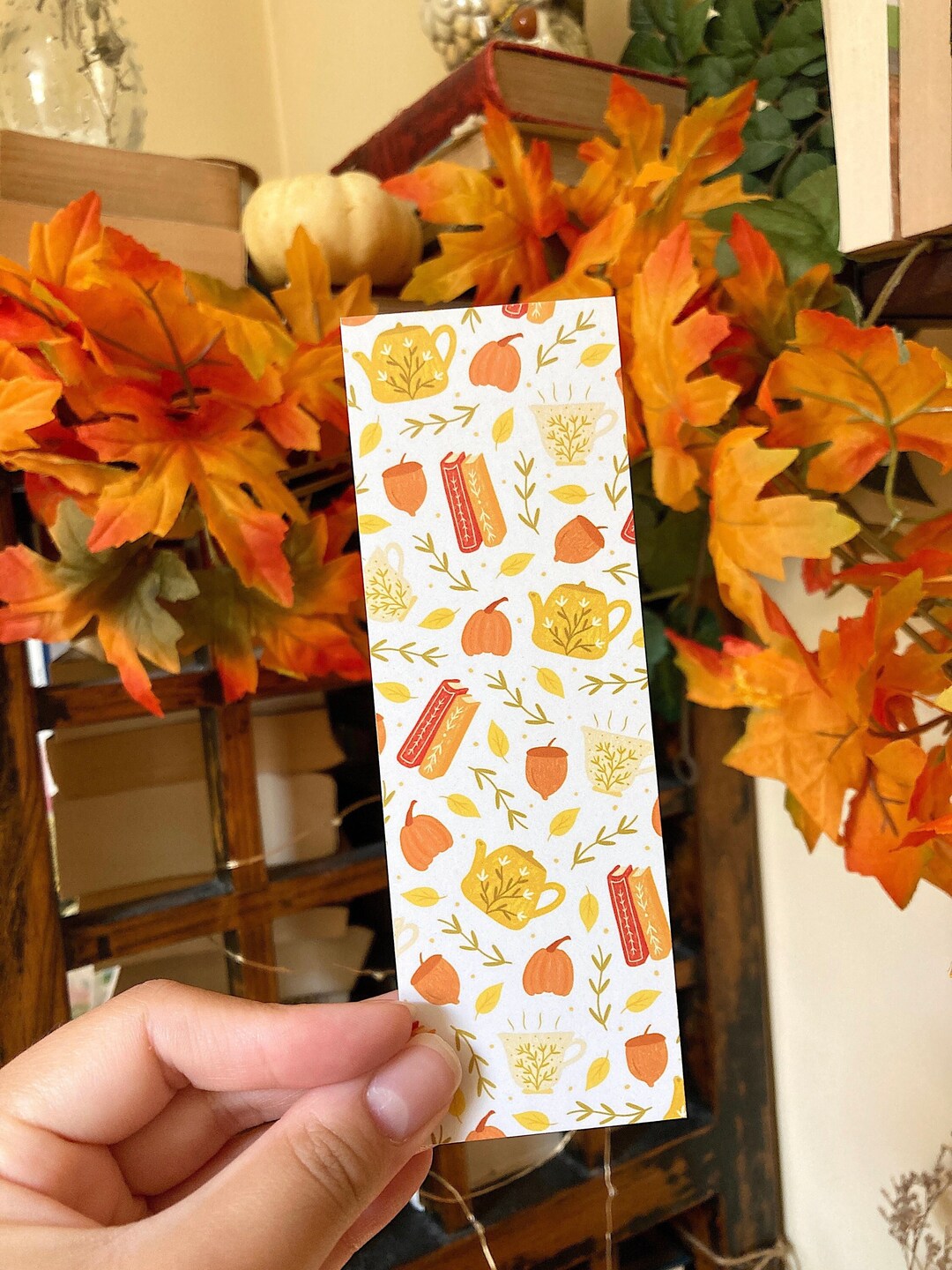Fall Bookmark With Books and Pumpkins, Fall Books and Tea Bookmark ...