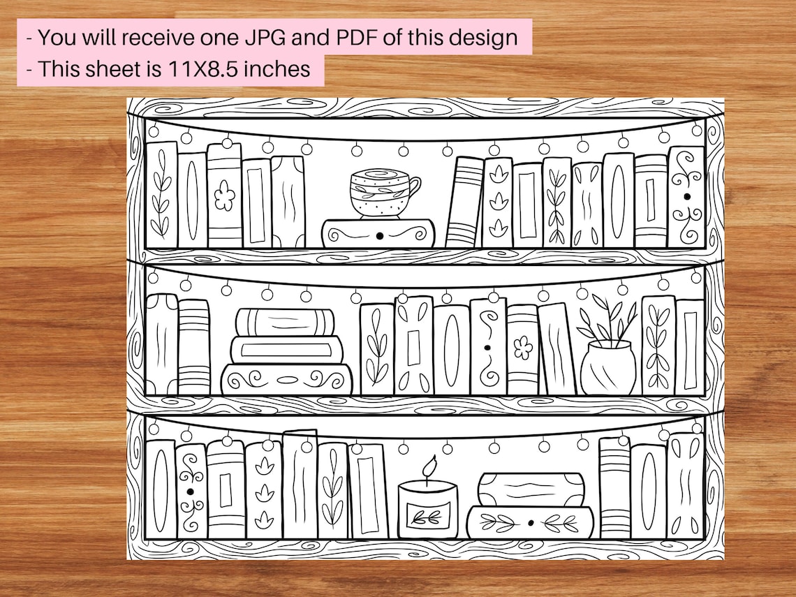 Bookshelves Printable Coloring Sheets Library Lovers Month - Etsy
