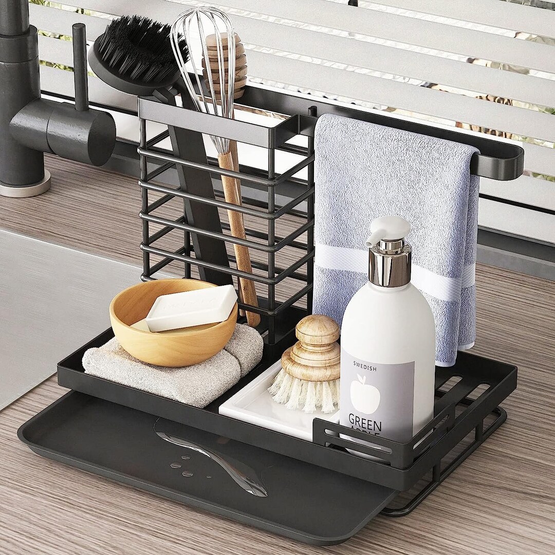 Kitchen Sink Caddy Organiser Tidy Rack With Removable Drain Tray Sponge ...