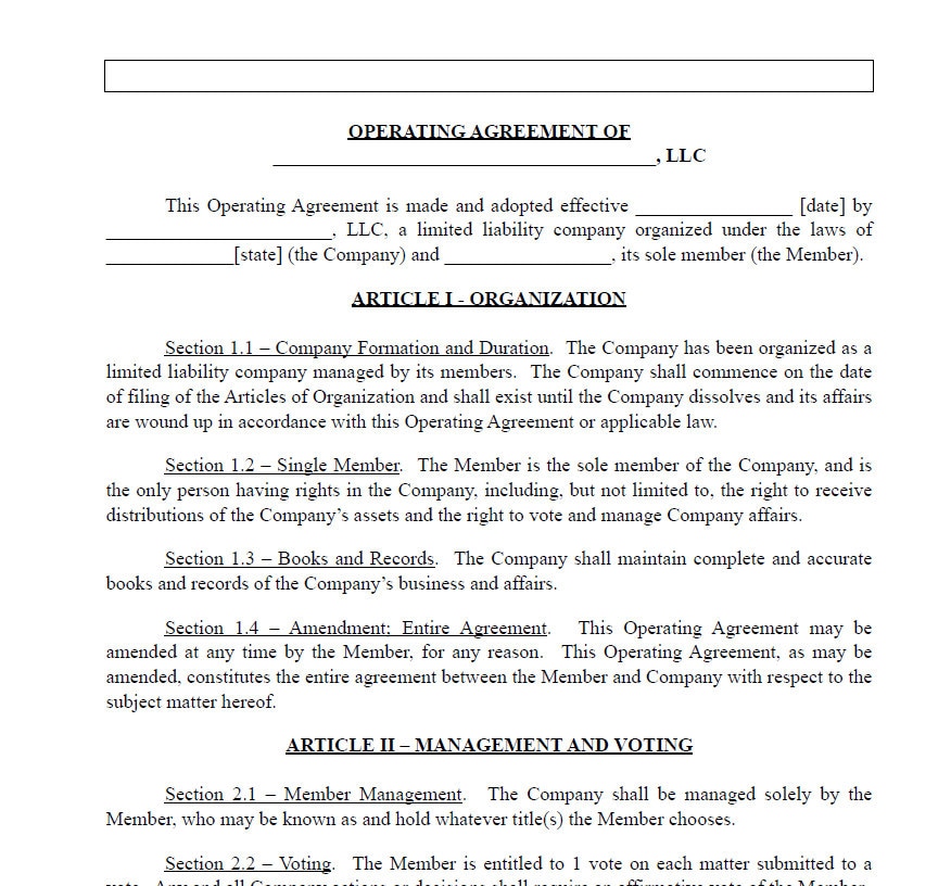 Single Member LLC Operating Agreement Template for Tax Business - Etsy