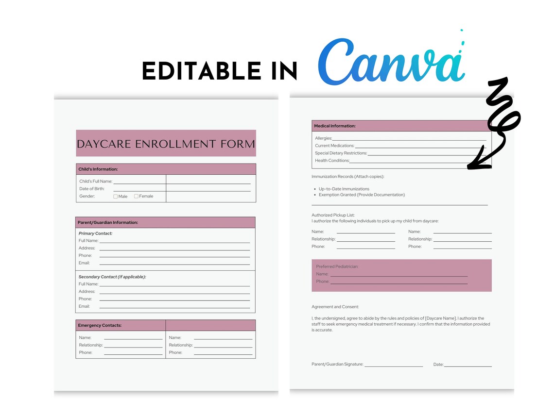 Home Daycare Childcare Client Intake Form Template Childcare Provider ...