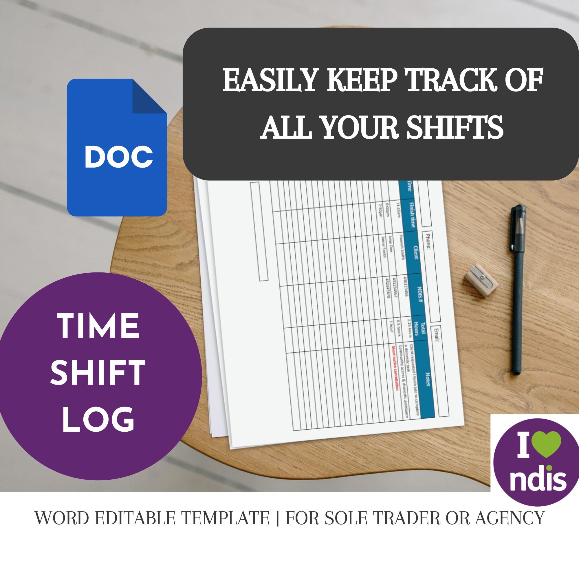 NDIS Shift Timesheet Log Template Word Participant Form Support Workers ...