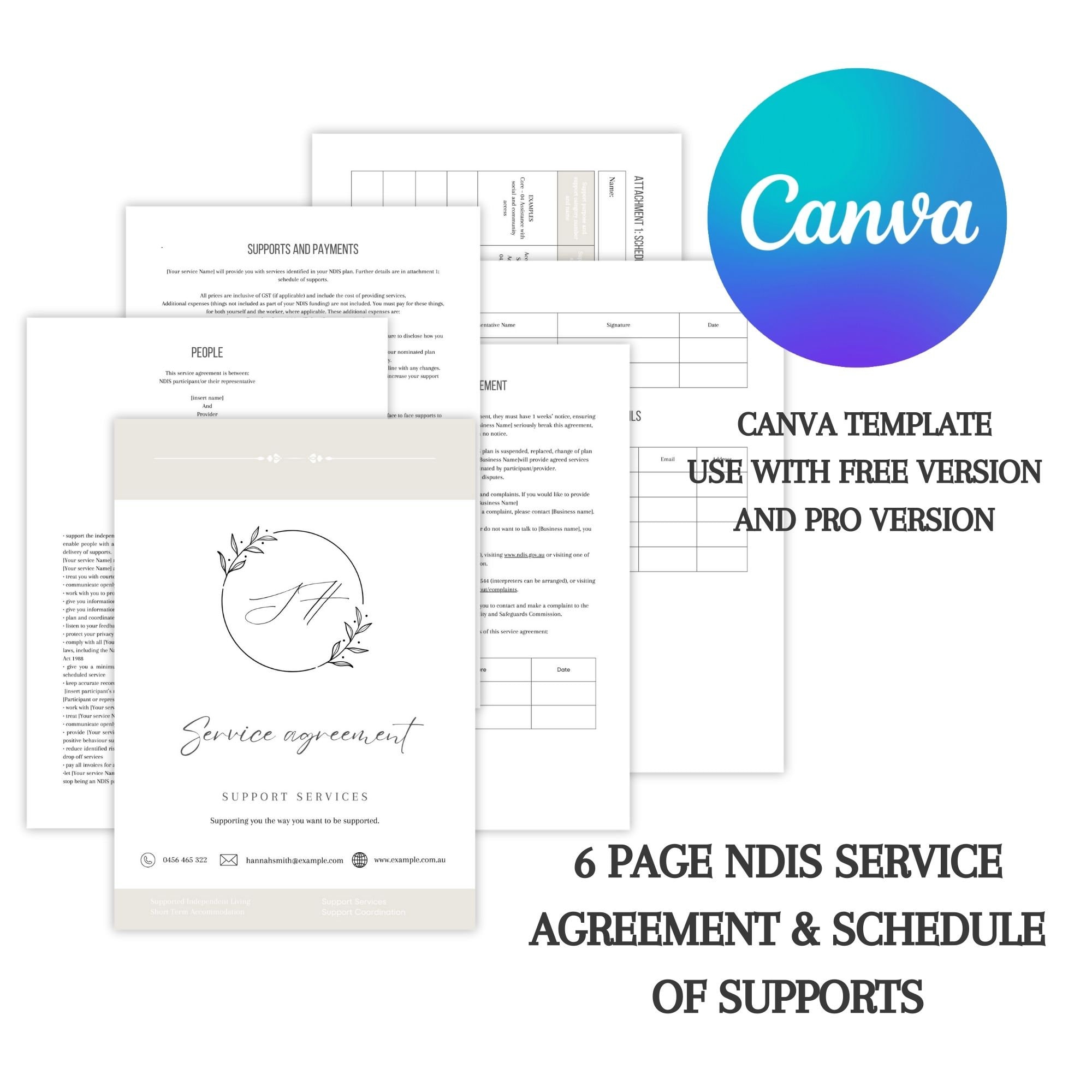 Minimalist Service Agreement Schedule of Supports NDIS Support Work ...