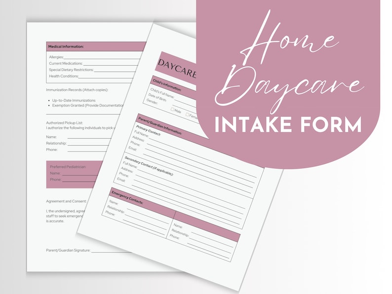 Home Daycare Childcare Client Intake Form Template | Childcare Provider ...