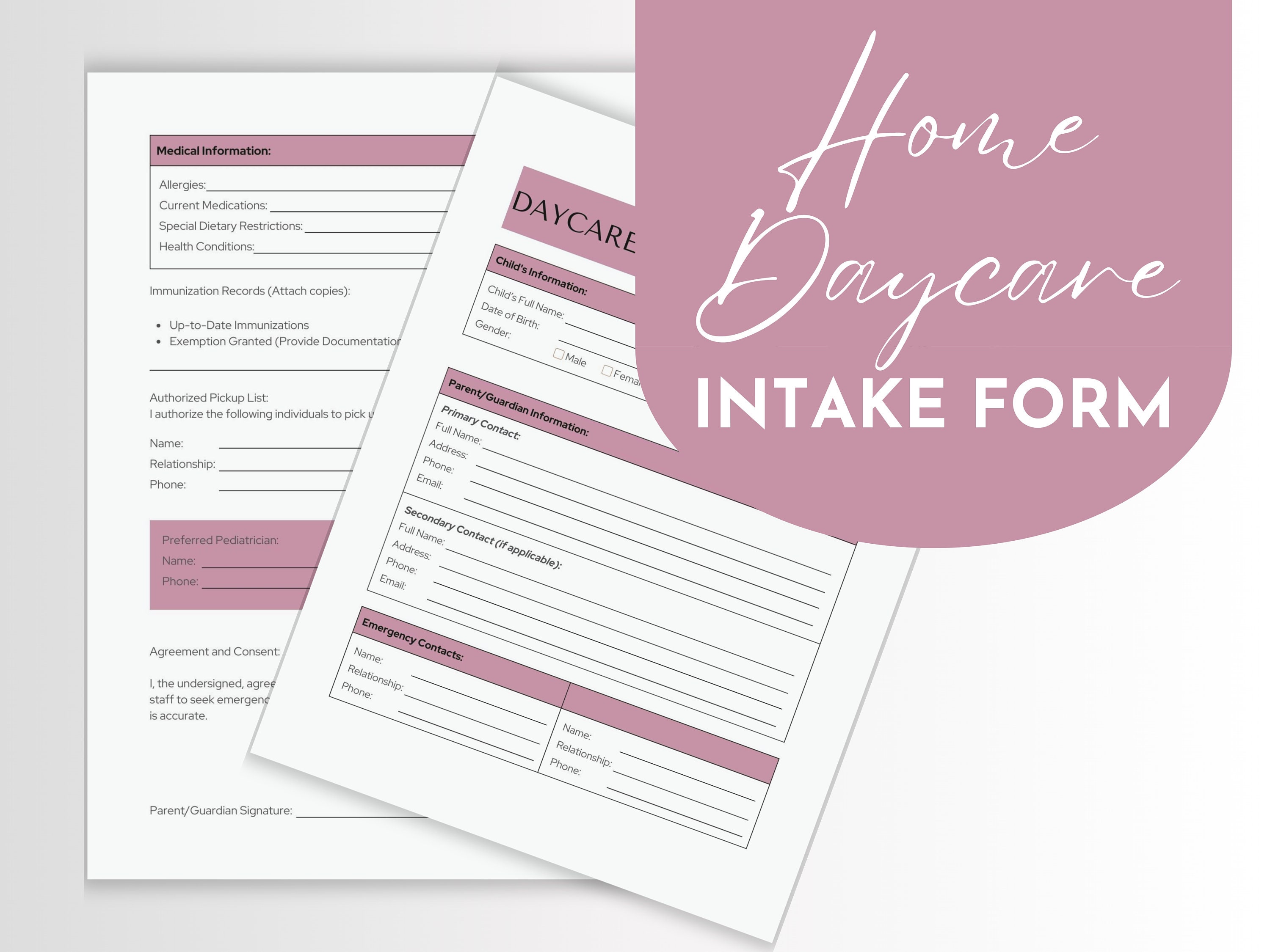 Home Daycare Childcare Client Intake Form Template | Childcare Provider ...