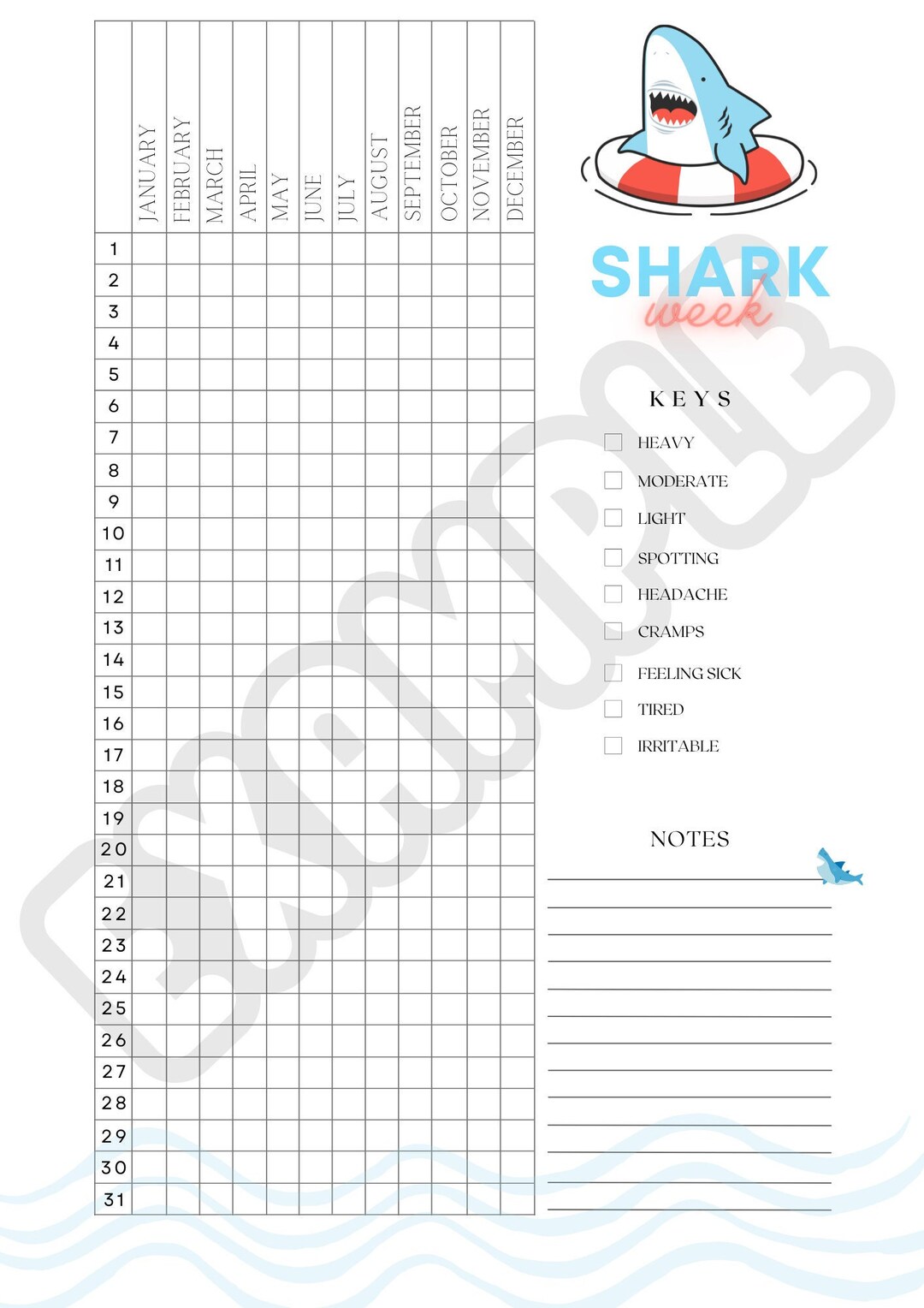 Shark Week Yearly Period Tracker Printable Menstrual - Etsy
