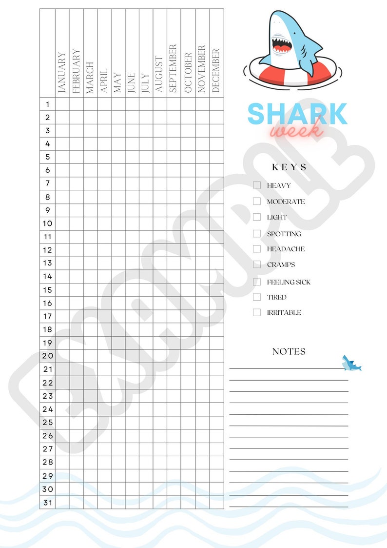 Shark Week Yearly Period Tracker Printable Menstrual - Etsy