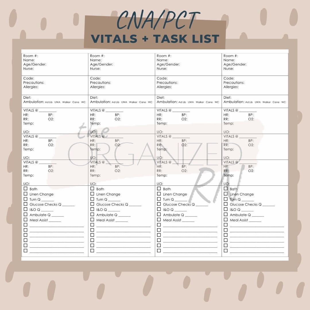 CNA/PCT Vitals Log and Task List - Etsy