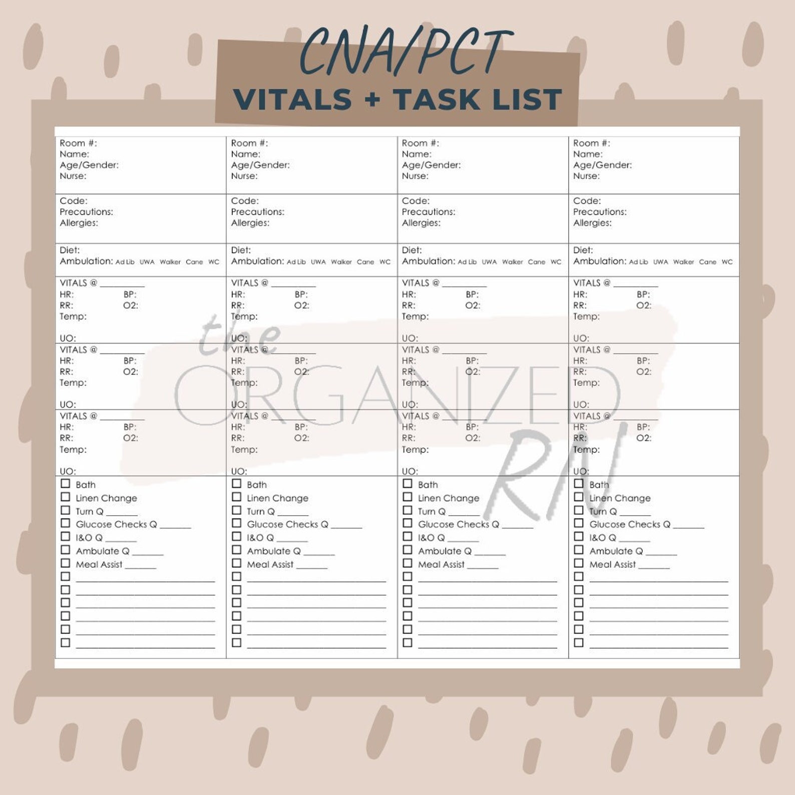 CNA/PCT Vitals Log and Task List - Etsy
