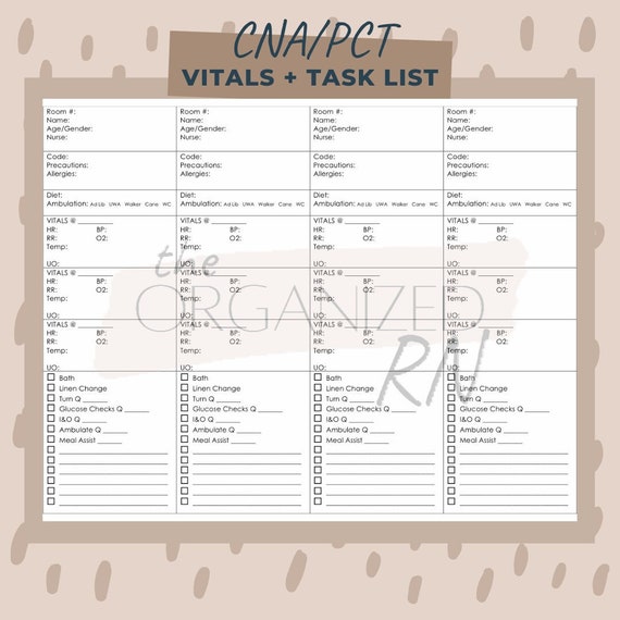 CNA/PCT Vitals Log and Task List - Etsy
