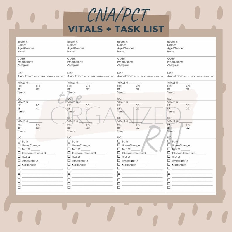 CNA/PCT Vitals Log and Task List - Etsy
