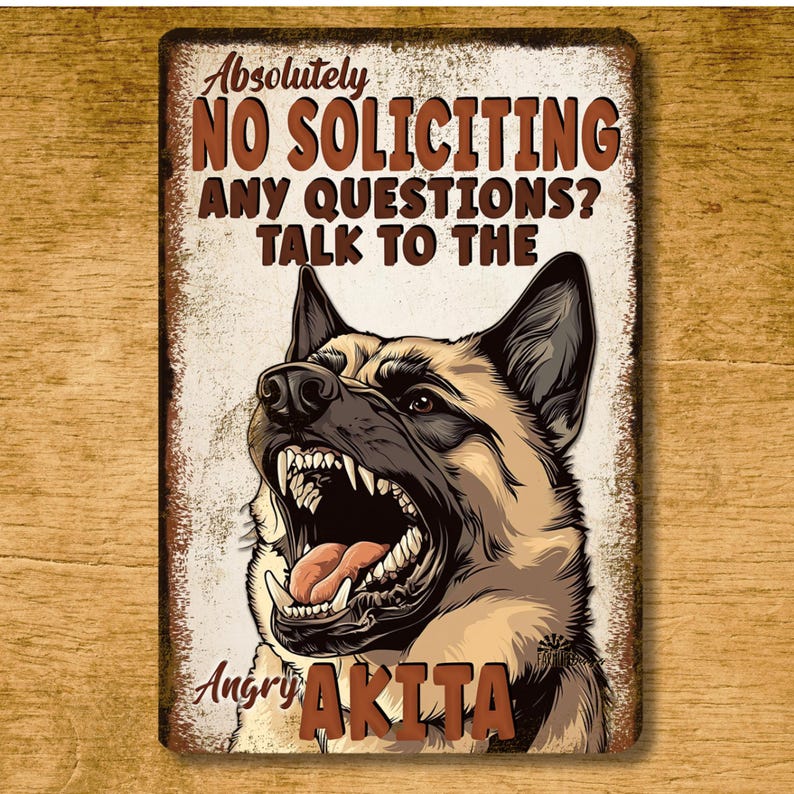 Akita No Soliciting Sign, Funny Metal Tin Outdoor Wall Art, Security ...
