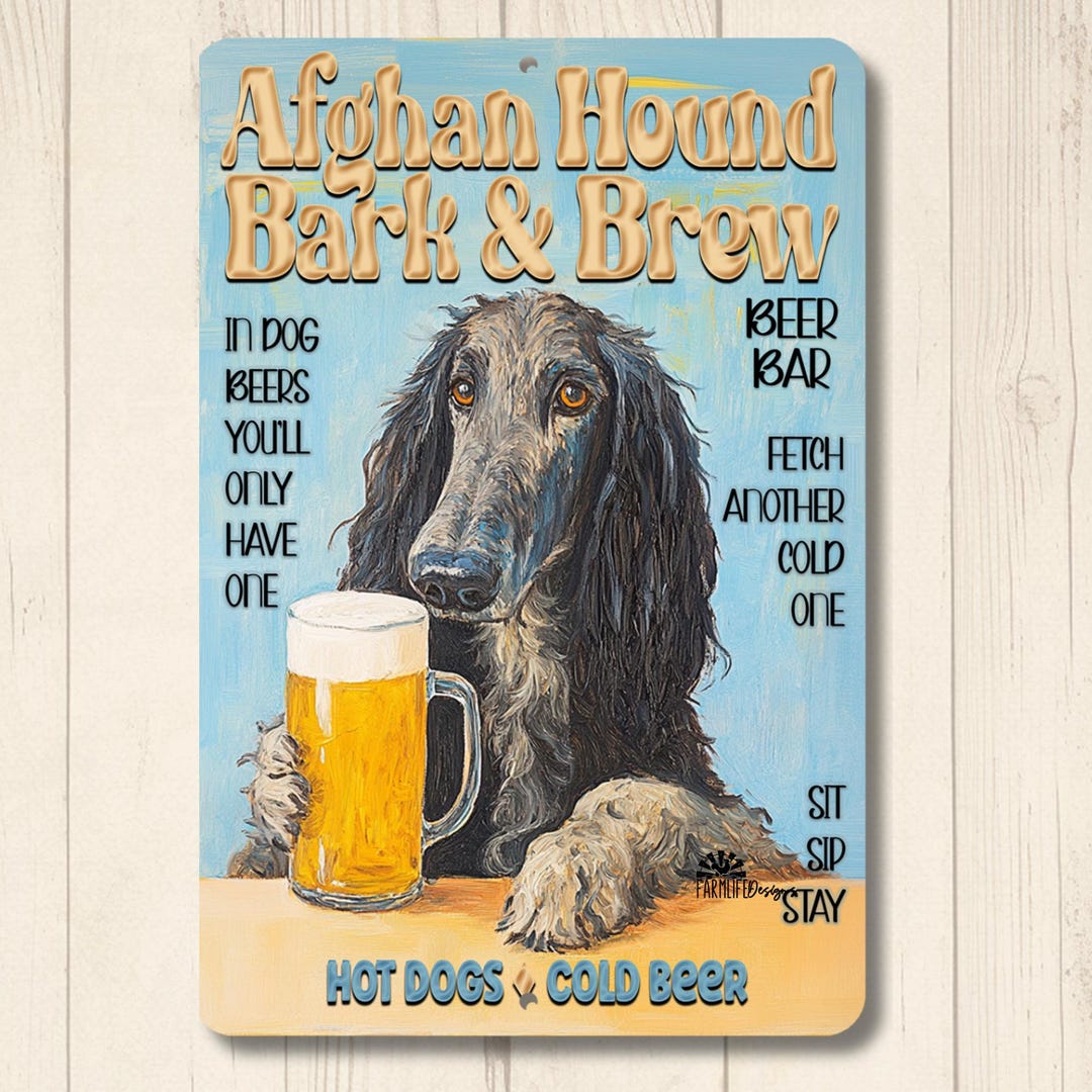 Afghan Hound Beer Bar Sign, Bark & Brew, Funny Handmade Metal Tin, Man ...