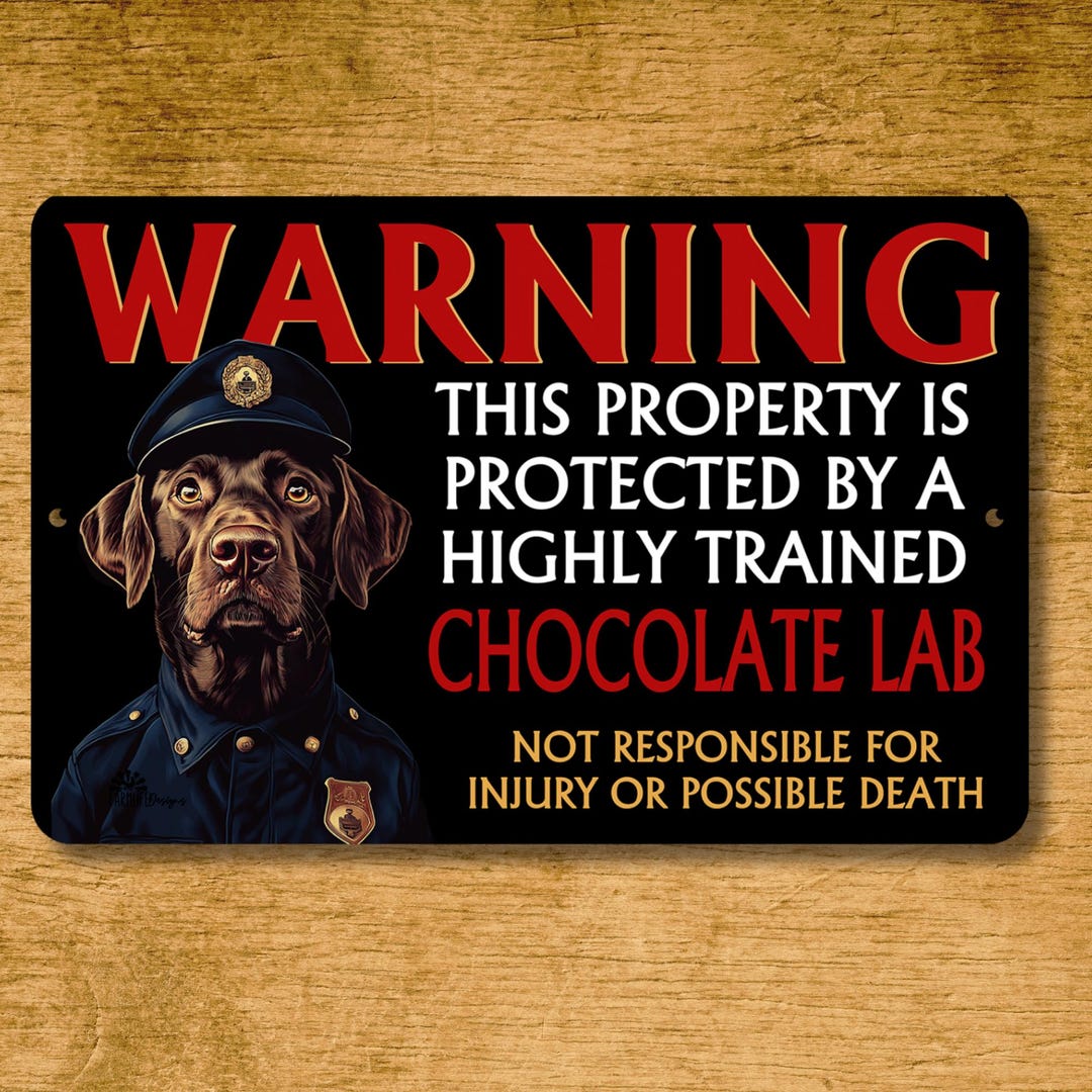 Chocolate Lab Security Sign, Protected by Dog, Funny Metal Tin Wall Art ...