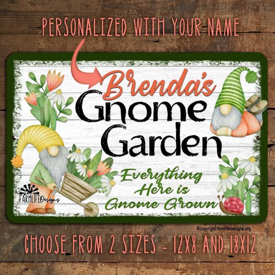 Personalized Gnome Garden Sign, Custom With Your Name, Indoor Outdoor ...