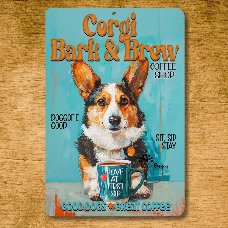 Corgi Coffee Bar Sign, Bark & Brew, Funny Metal Tin Wall Art, Corgie ...