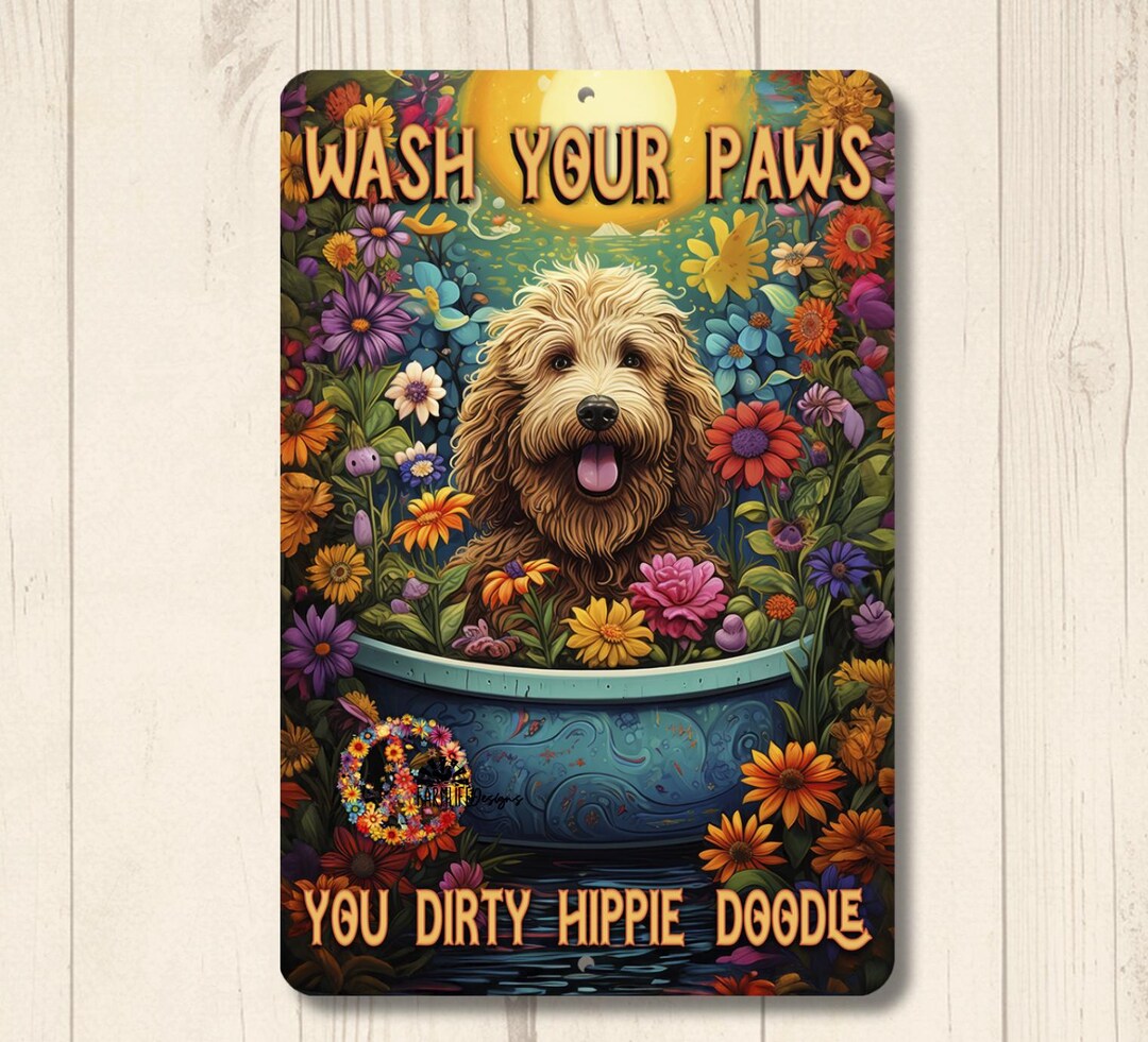 Doodle Hippie Bath Sign, Funny Bathroom Sign, Golden Dog in Bathtub ...