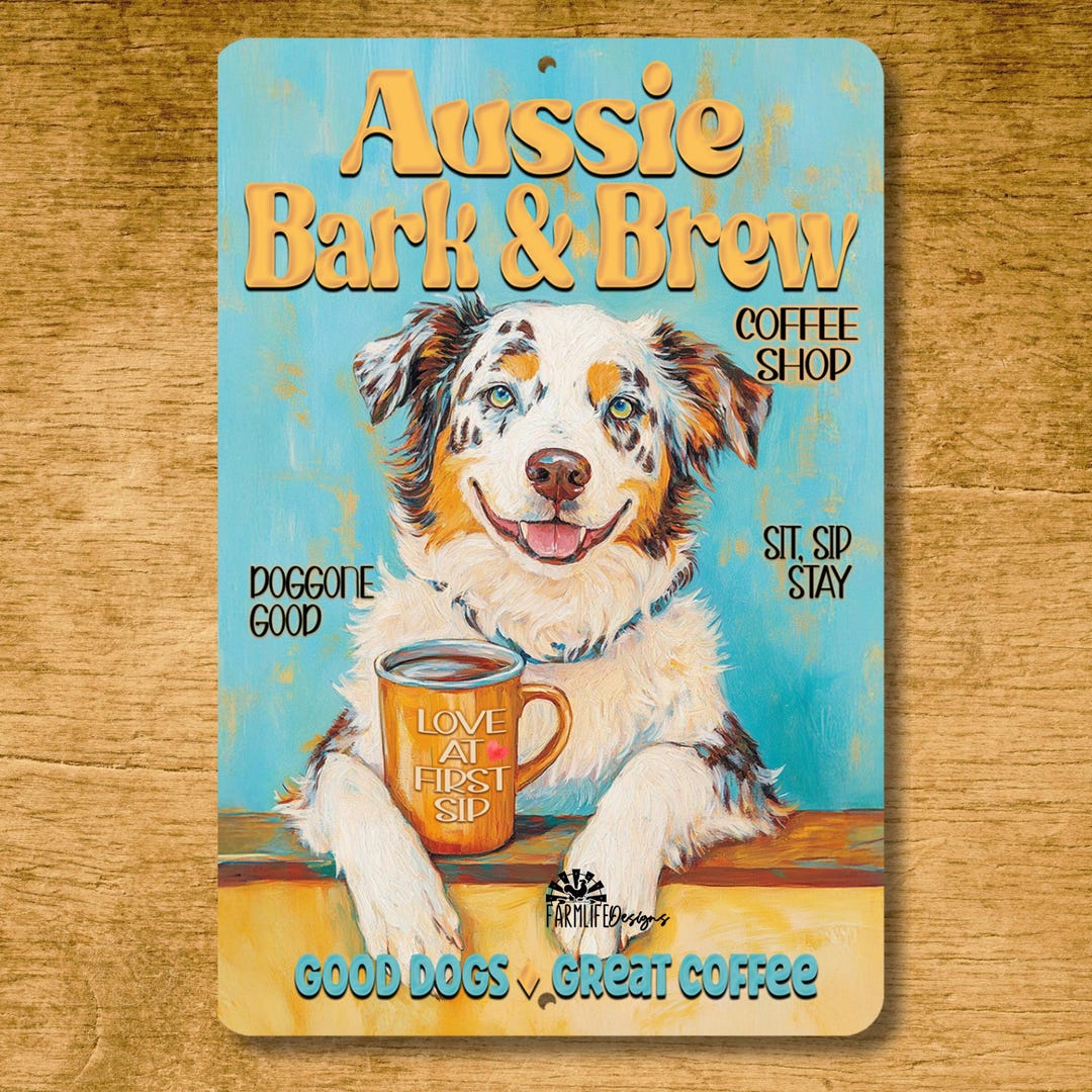 Aussie Coffee Bar Gift, Australian Shepherd Merle Bark & Brew Sign ...