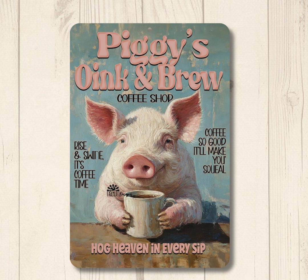 Pig Coffee Bar Gift, Oink & Brew Sign, Swine Piggy Coffee Station Art ...
