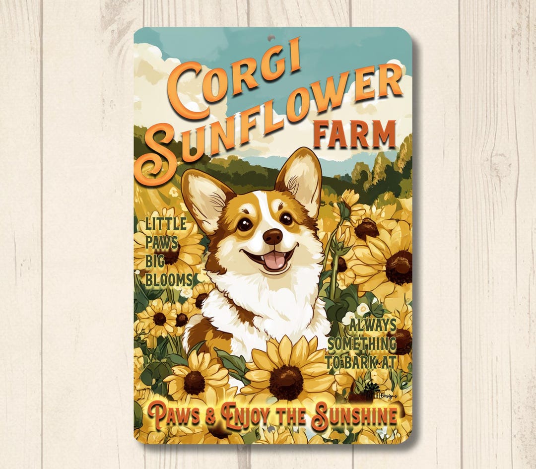 Corgi Sunflower Farm Sign, Flower Kitchen Porch Bath Home Decor ...