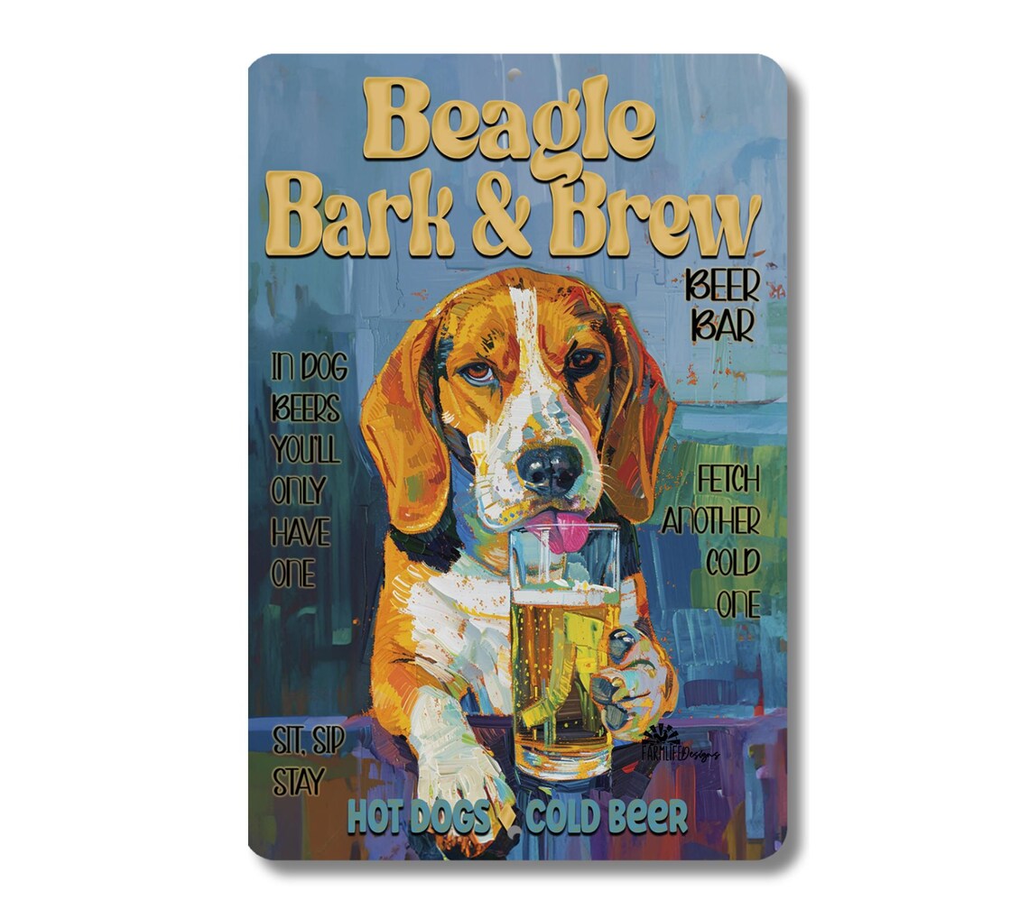 Beagle Beer Bar Sign, Bark & Brew Pub, Dog Lover Wall Art, Retro Dog ...