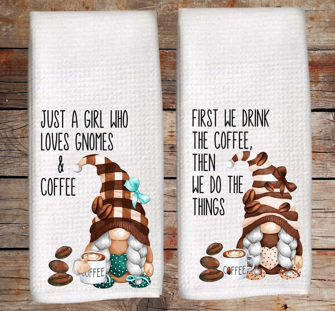 Two Gnome Coffee Dish Towels, Gnomes Kitchen Decor, Coffee Bar Tea ...