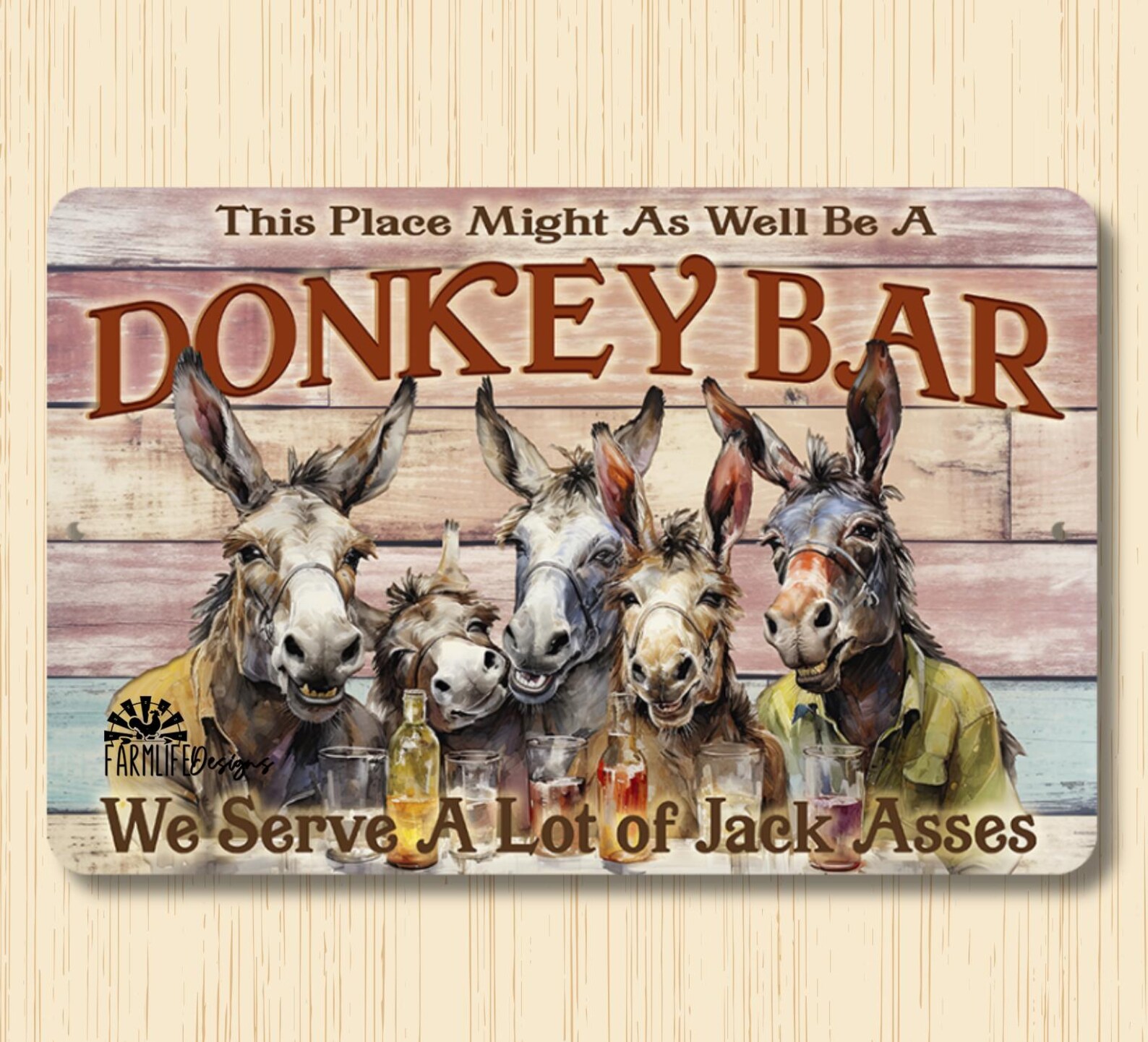 Donkey Bar Sign, Donkeys Drinking Cocktails, Funny Man Cave Sign, Metal ...
