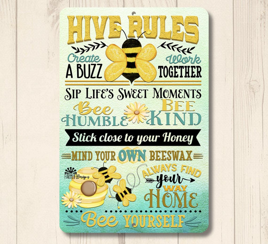 Bee Hive Rules Sign, Bee Kind, Honeybee Decor, Farmhouse Gift for Bee ...