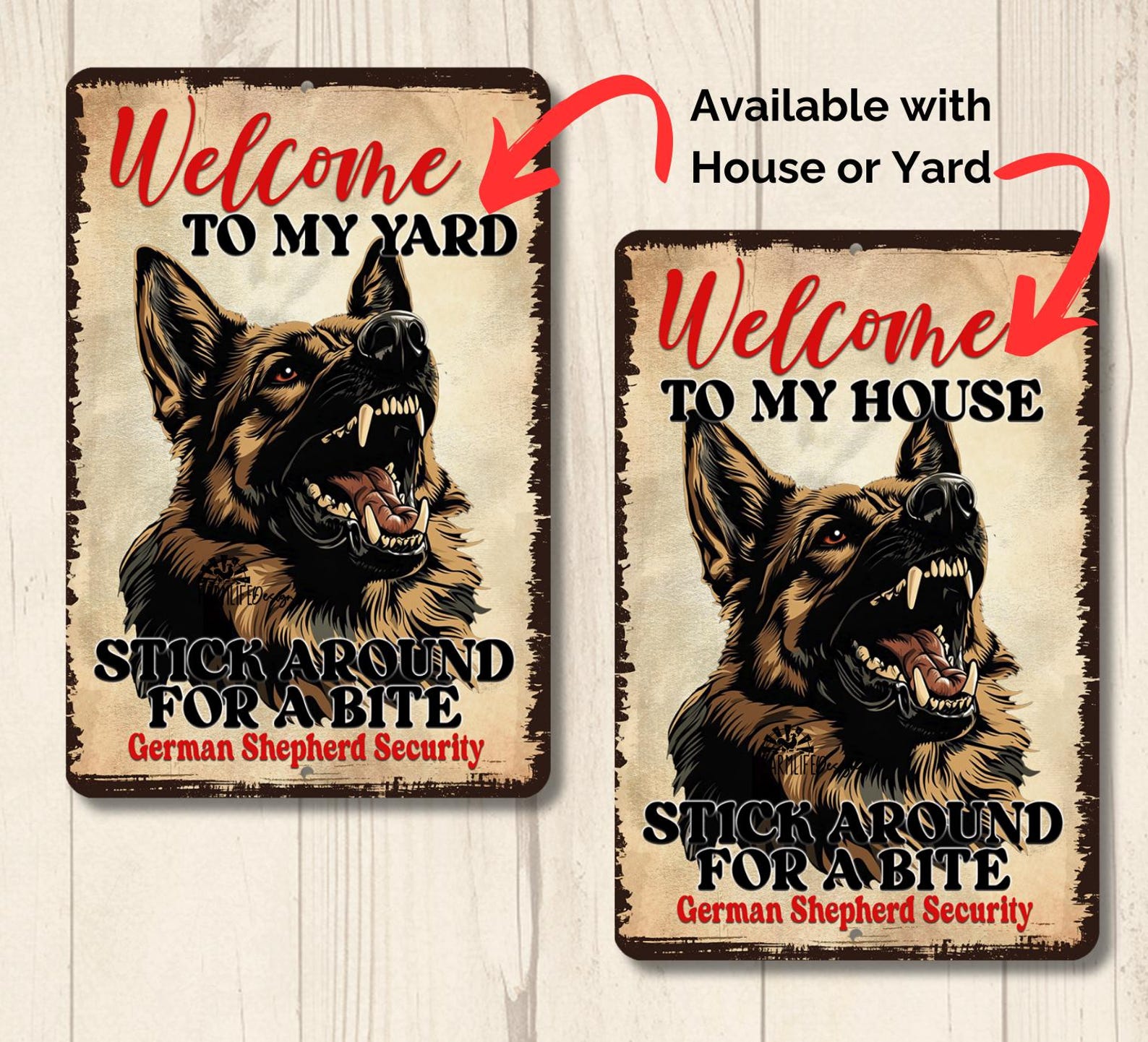 German Shepherd Welcome Sign, House or Yard, Dog Bites Metal Tin ...