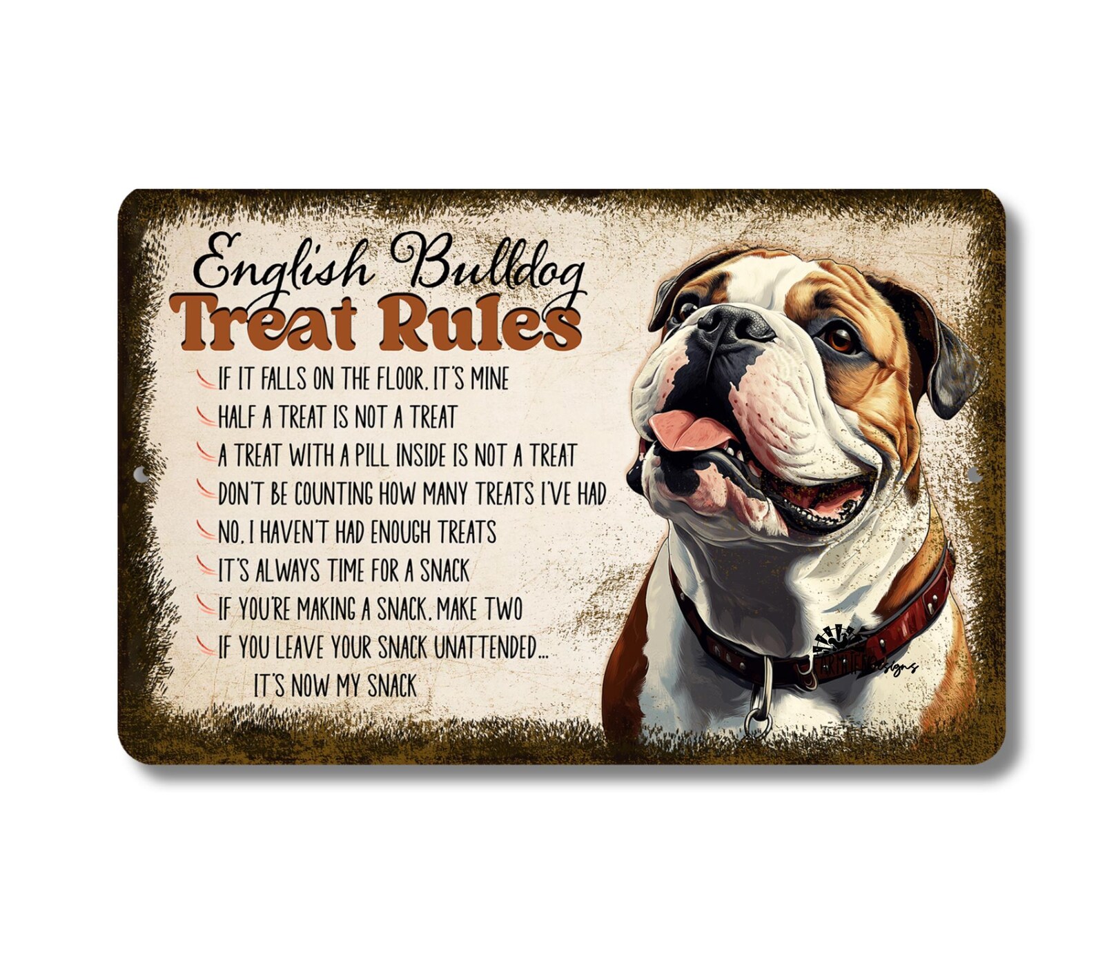English Bulldog Treat Rules Sign, Funny Bull Dog Metal Tin Decor, What ...