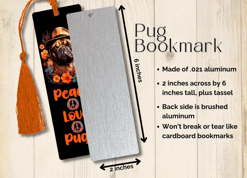 Pug Bookmark Gift, Pug Mama Gift, Metal Book Mark, Hippie Dog Design ...