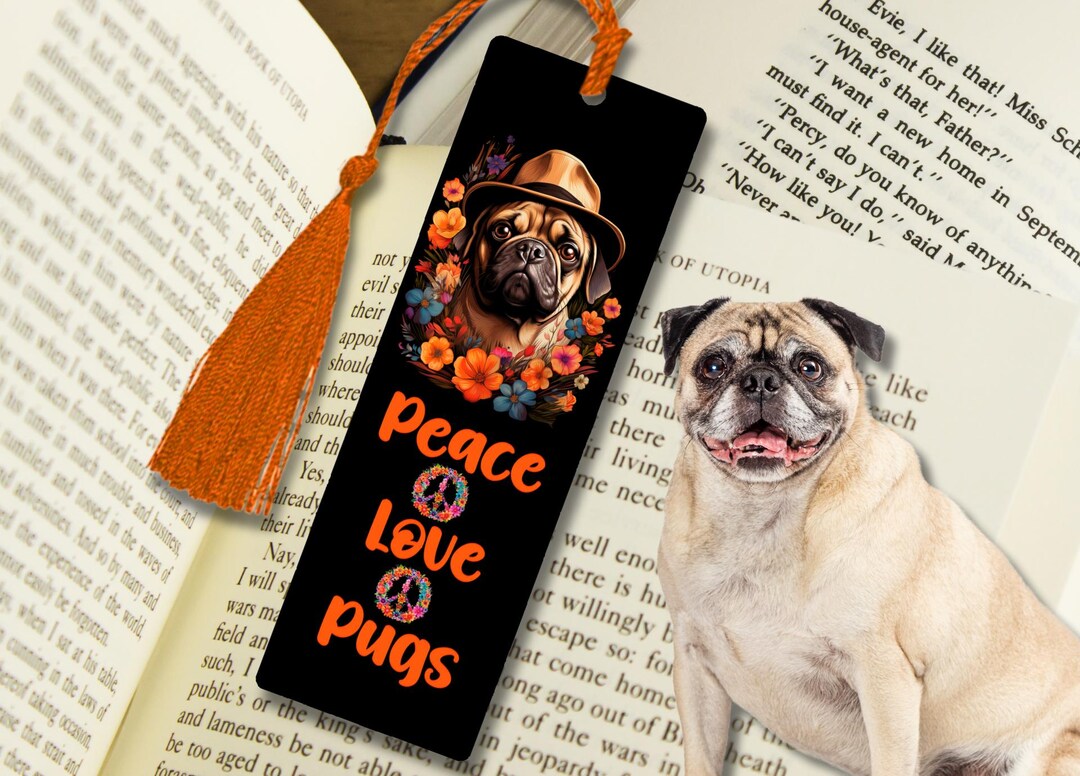 Pug Bookmark Gift, Pug Mama Gift, Metal Book Mark, Hippie Dog Design ...