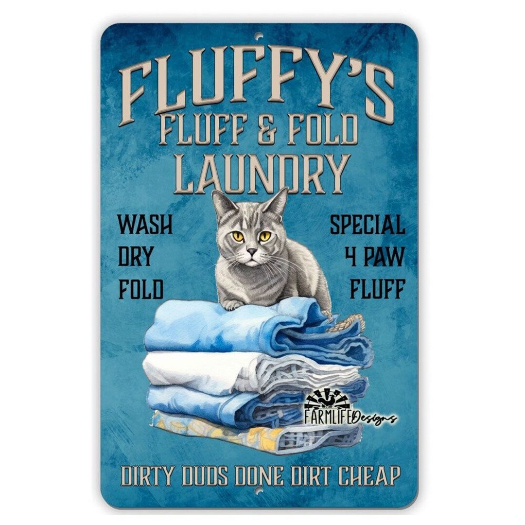Cat Laundry Sign, Cat on Pile of Folded Towels, Cat Lover Gift, Cat ...