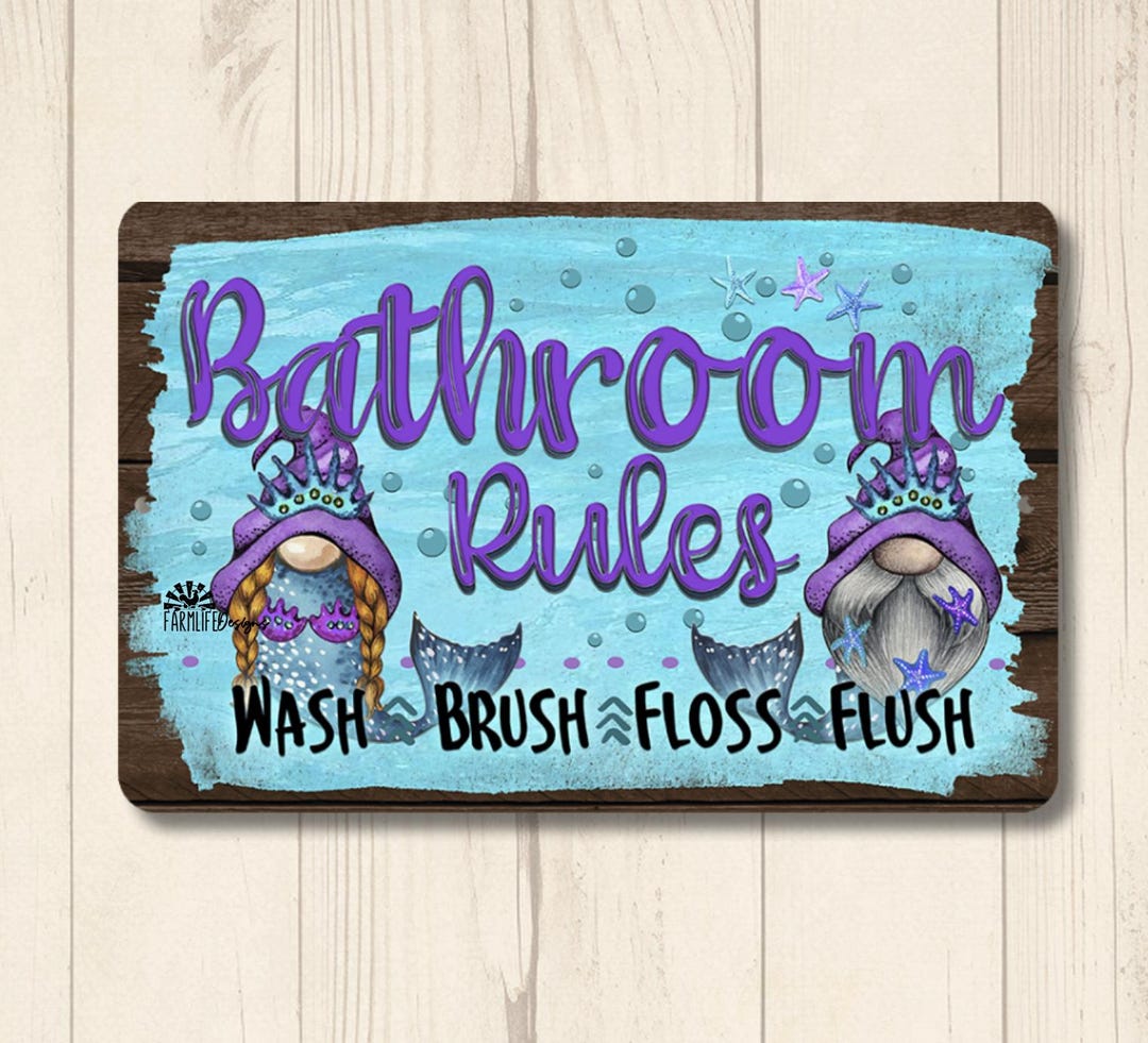 Mermaid Gnome Bathroom Sign, Bath Rules, Mermaid Wall Art, Gift for ...