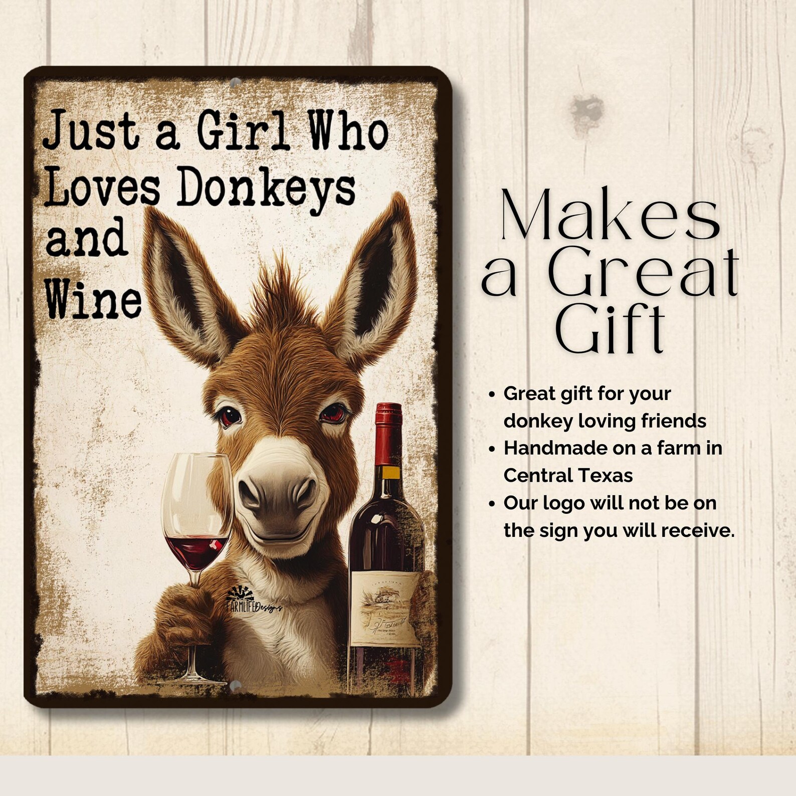 Donkey Sign, Just a Girl Who Loves Wine and Donkeys, Rustic Metal Tin ...