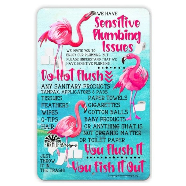 Flamingo Plumbing Sign, Don't Flush Sensitive Plumbing Pipes, Flamingo ...