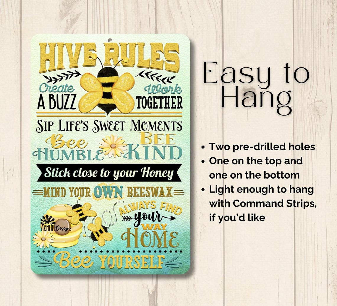 Bee Hive Rules Sign, Bee Kind, Honeybee Decor, Farmhouse Gift for Bee ...