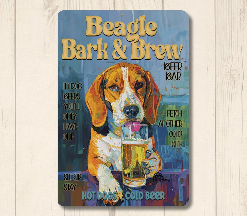Beagle Beer Bar Sign, Bark & Brew Pub, Dog Lover Wall Art, Retro Dog ...