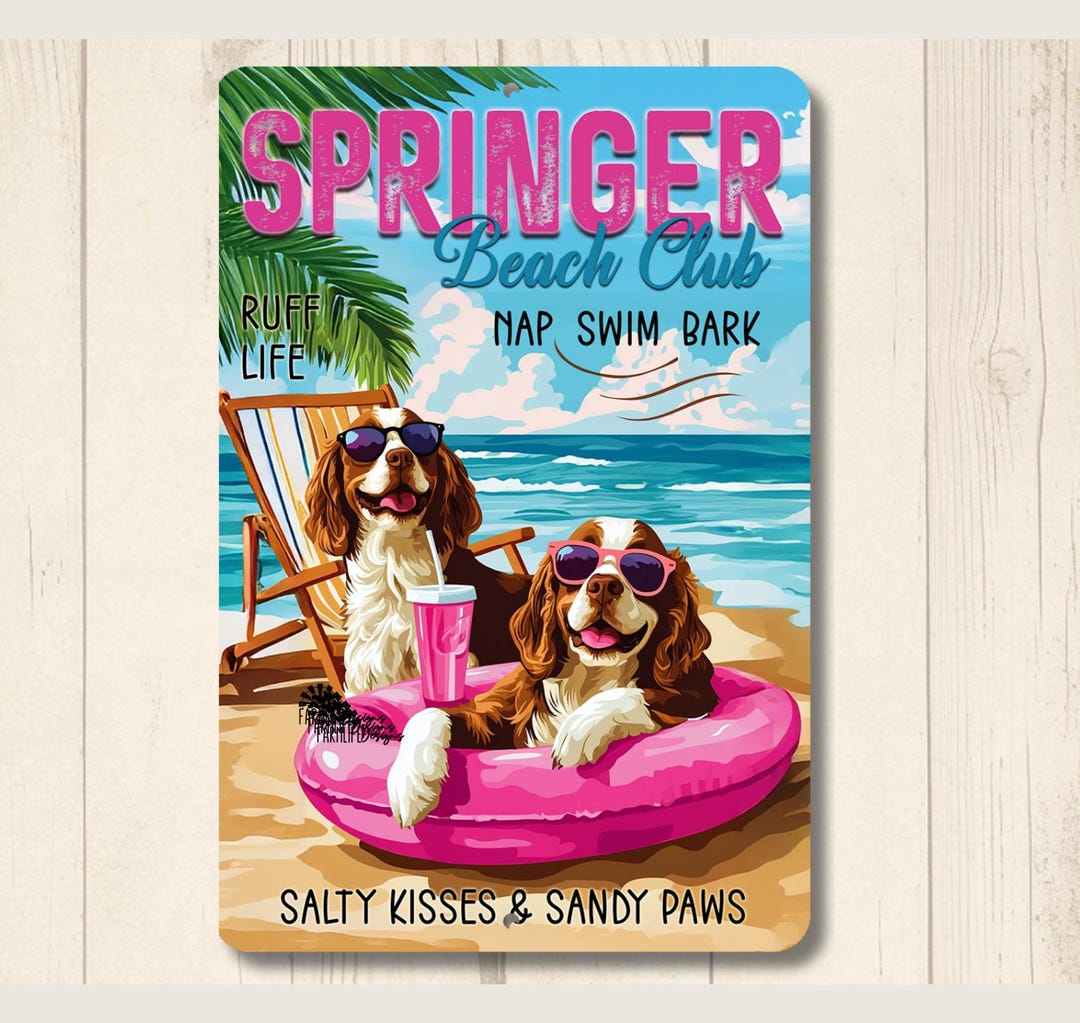 Springer Spaniel Beach Club Sign, Beach House Metal Wall Art, Coastal ...