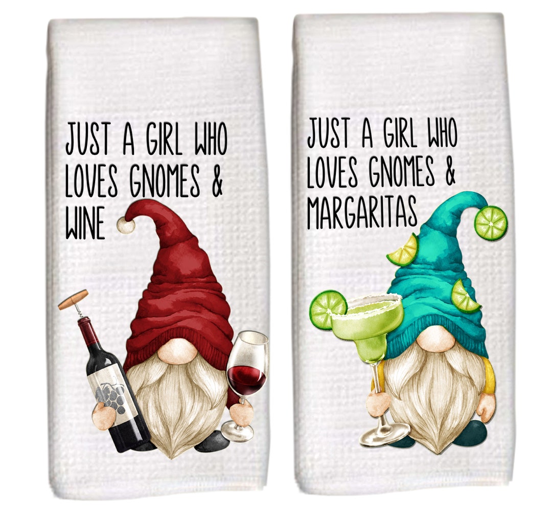 Two Gnome Dish Towels, Gnomes Kitchen Decor, Wine Gnome, Margarita Gnome, Gnome Gift, Kitchen ...