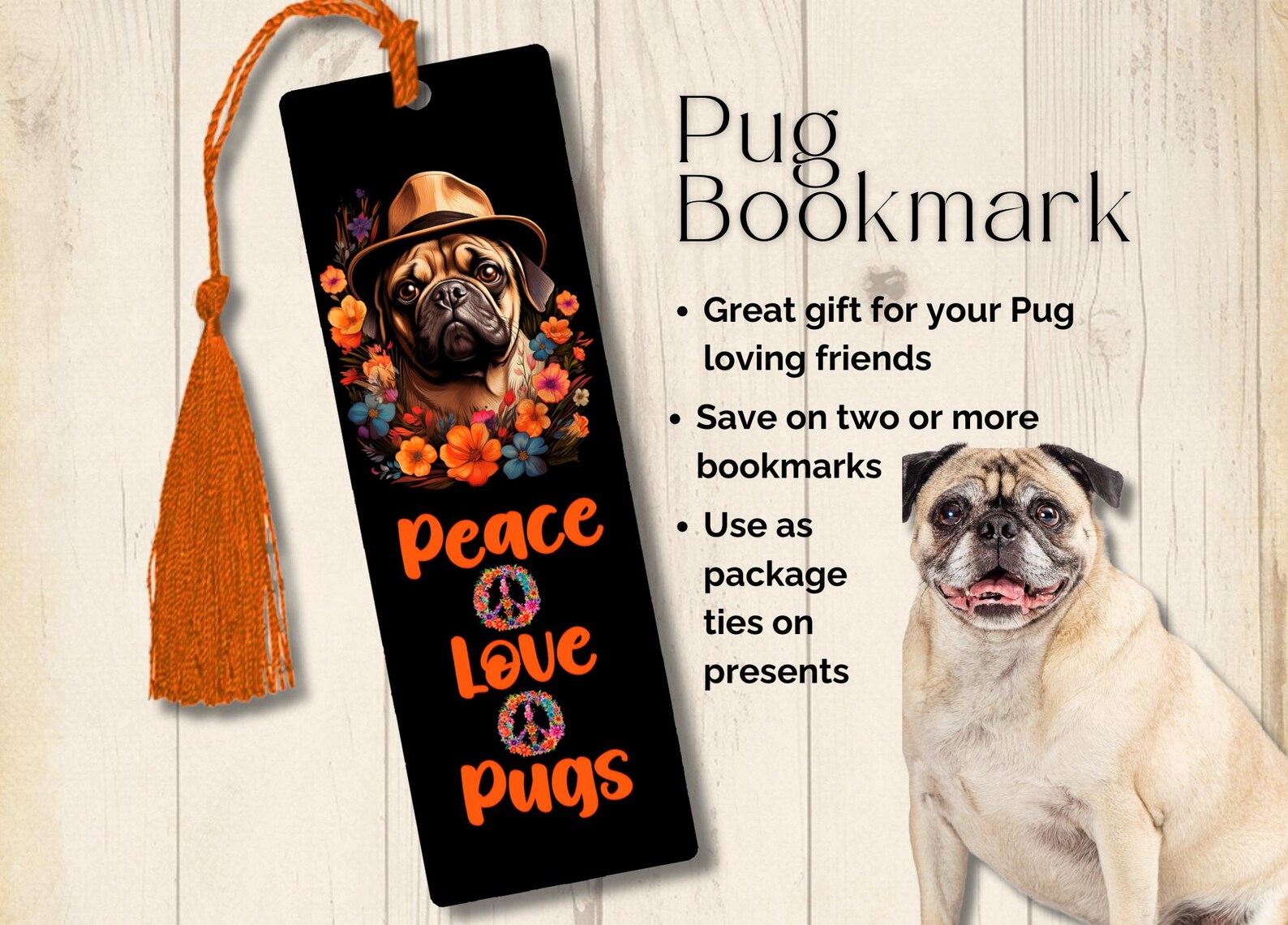 Pug Bookmark Gift, Pug Mama Gift, Metal Book Mark, Hippie Dog Design ...