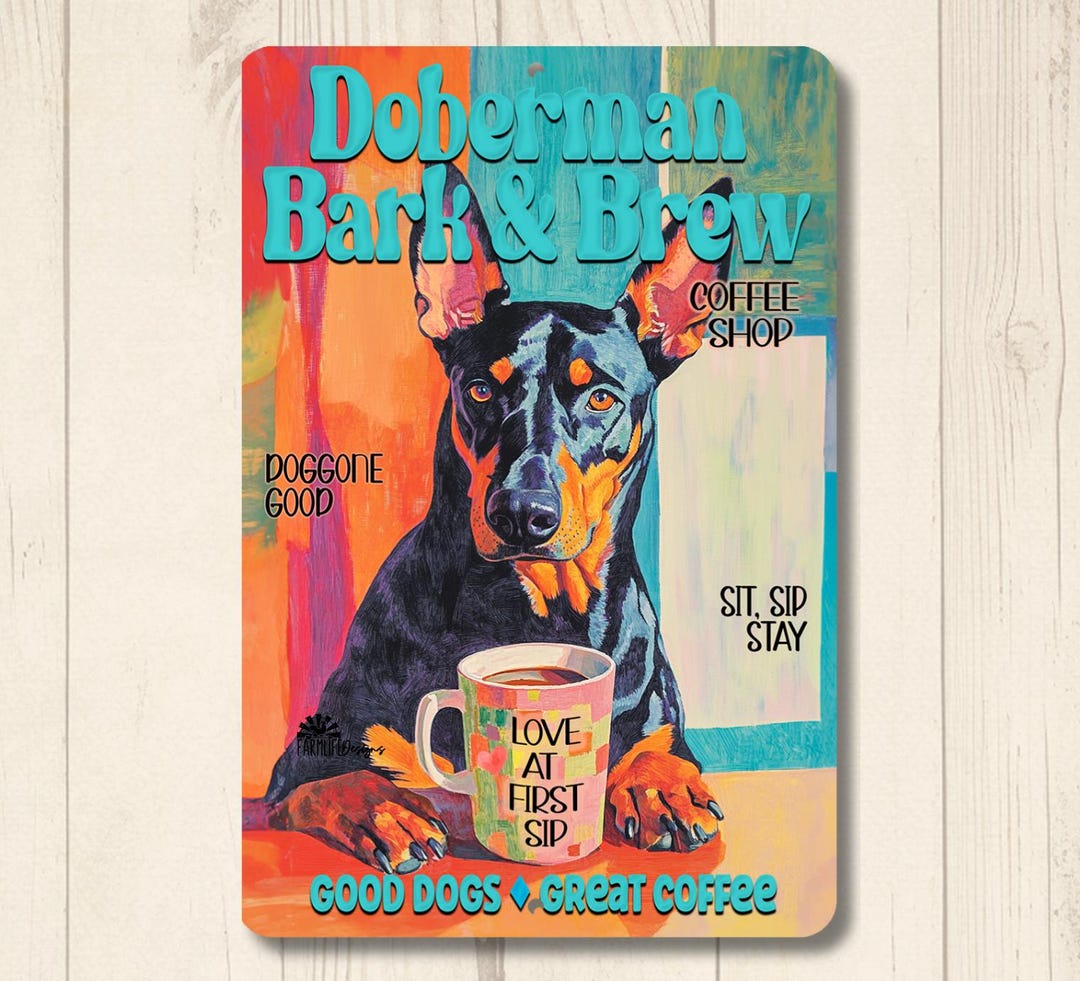 Doberman Coffee Bar Gift, Bark & Brew Sign, Coffee Station Wall Art ...