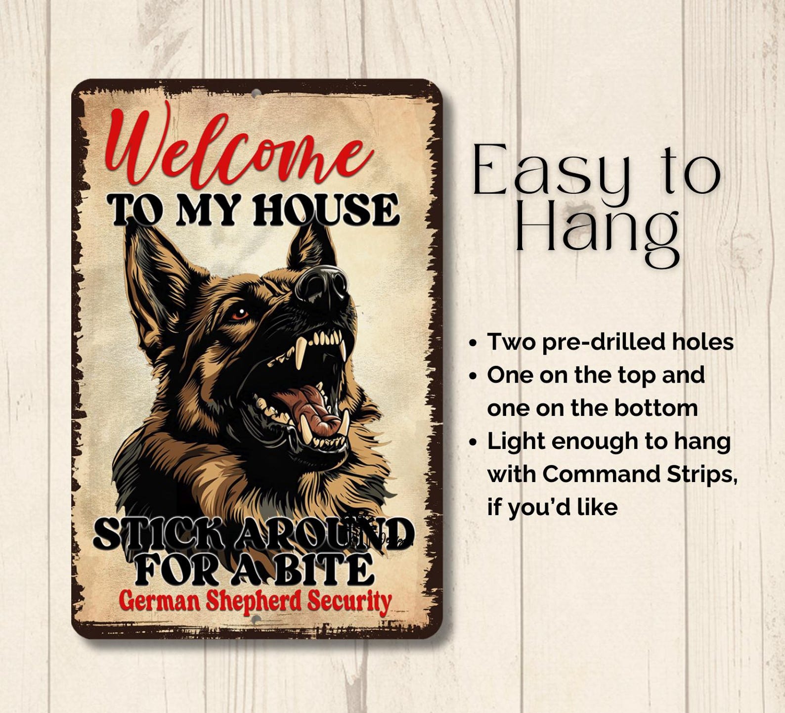 German Shepherd Welcome Sign, House or Yard, Dog Bites Metal Tin ...