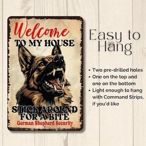 German Shepherd Welcome Sign, House or Yard, Dog Bites Metal Tin ...