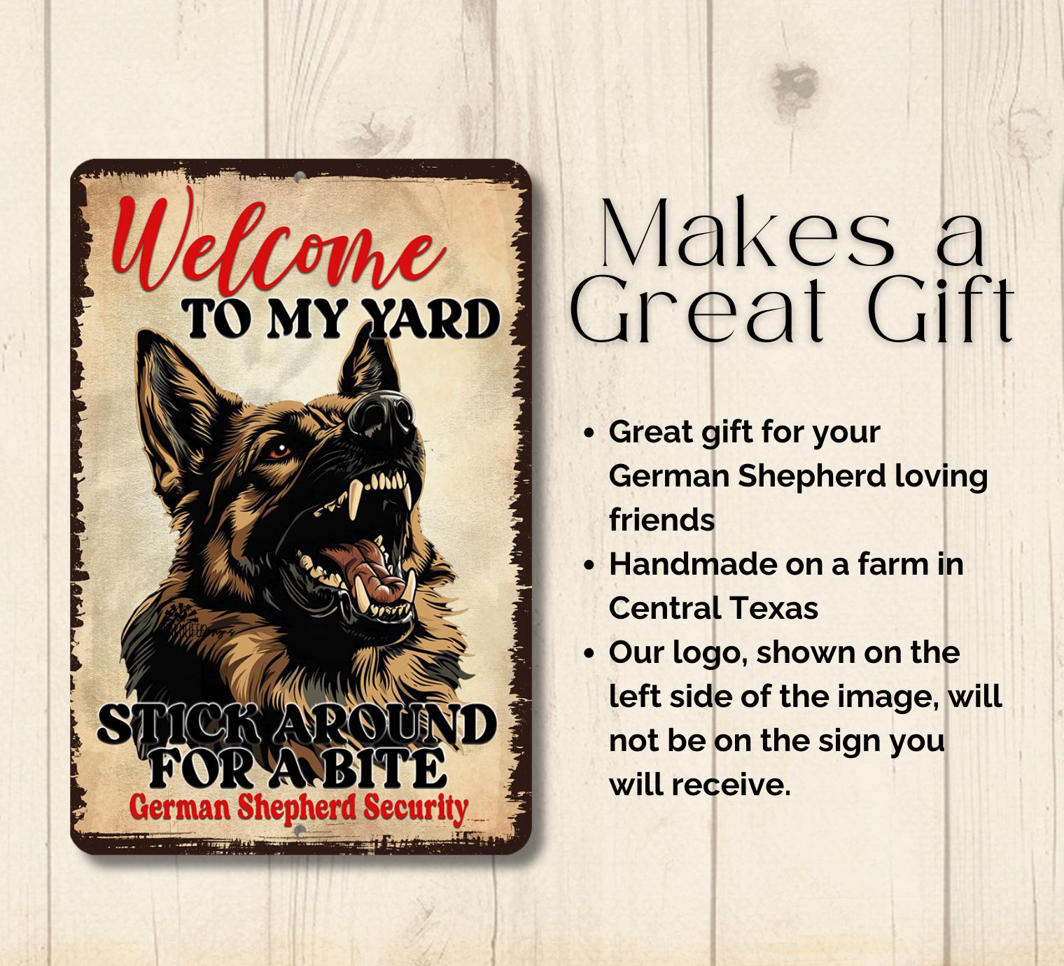 German Shepherd Welcome Sign, House or Yard, Dog Bites Metal Tin ...