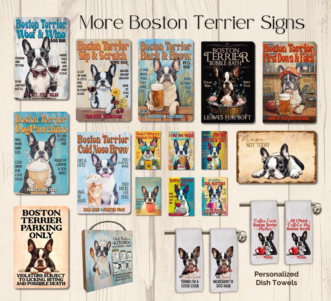 Boston Terrier Coffee Bar Sign, Bark & Brew, Funny Metal Tin Wall Art ...