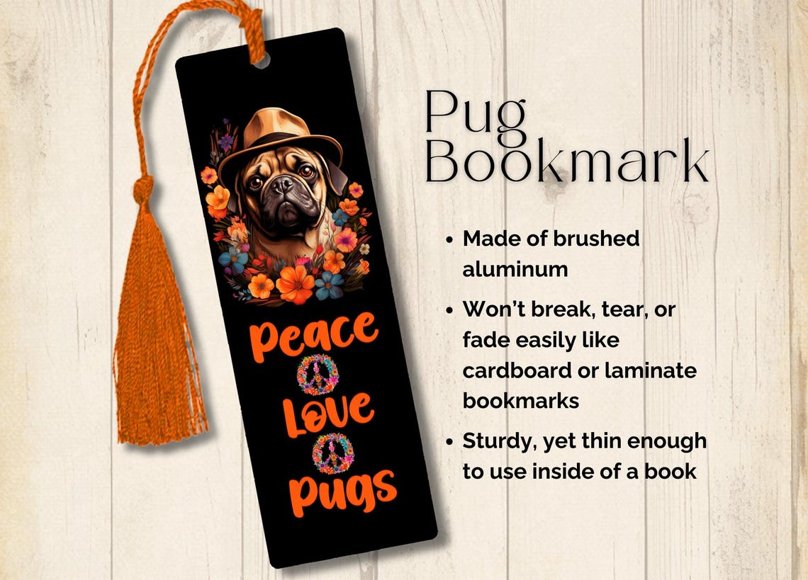 Pug Bookmark Gift, Pug Mama Gift, Metal Book Mark, Hippie Dog Design ...