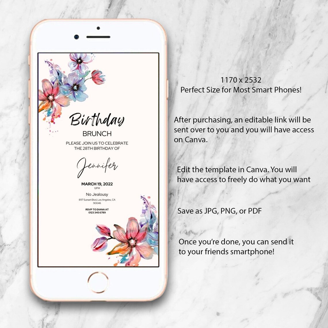 Text Phone Invitation, Birthday Brunch Invitation, Electronic Invite ...